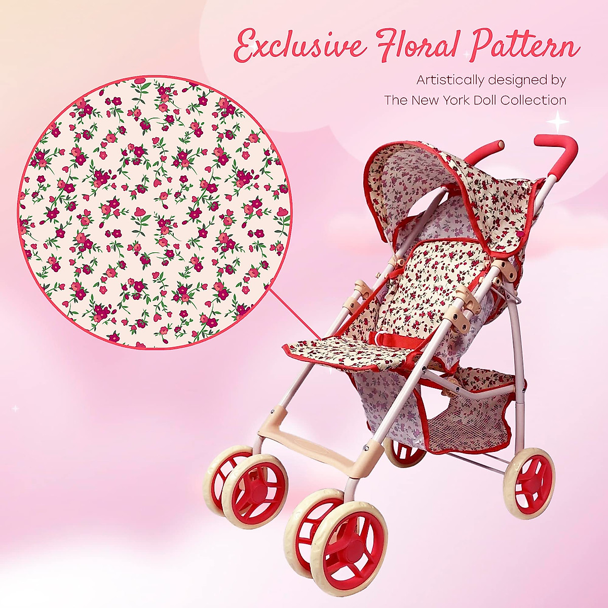 Baby Doll Stroller for Toddler Girls & Big Kids up to 8 Years Old | 28” Baby Stroller for Dolls, Toy Baby Stroller with Cute Coral Floral Print, Mesh Storage Basket, Canopy, Handle Grips, Rubber Tires