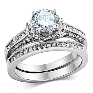 Marimor Jewelry His and Hers Stainless Steel 3 Piece Cubic Zirconia Wedding Ring Set and Eternity Wedding Band