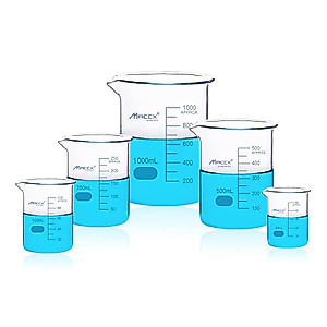 Maccx Sturdy Glass Beakers, 5 Sizes of 50ml 100ml 250m 500ml 1000ml,3.3 Borosilicate Griffin Low Form with Printed Graduation, BKLS02-005