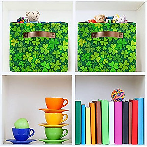 Green Clover St Patricks Day Storage Basket Trefoils Leaves Storage Organizer Box Bin Large Collapsible Cube Baskets with PU Handles for Shelf Closet Nursery Laundry 1 Pack