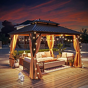 GAZEBEST 10'x12' Hardtop Gazebo Outdoor Aluminum Patio Gazebo Double Roof Galvanized Steel Gazebo Canopy with Netting and Curtains,for Garden Patio,Patio Backyard,Deck and Lawns