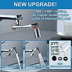 1440° Rotating Faucet Extender Aerator 1080°+360° Universal Large Angle Robotic Arm Water Nozzle Swivel Faucet Extender for Face Washing Gargle and Eyewash with 2 Water Outlet Modes