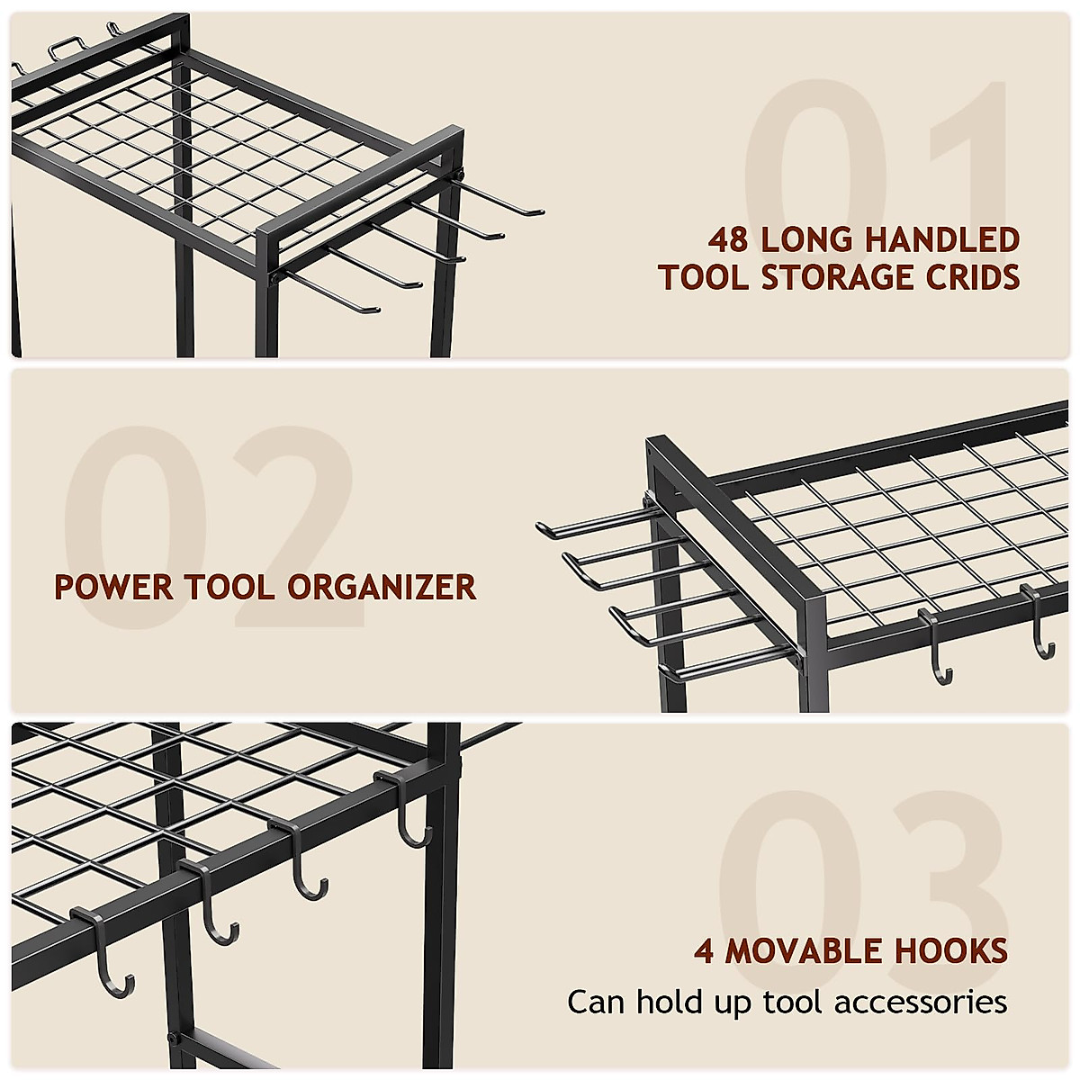 Homsorout Garden Garage Tool Organizer - Yard Tool Organizer for Garage with 4 Hooks, Heavy duty Steel Garden Tool Rack Holds up to 48 Long Handled Yard tools for Storage
