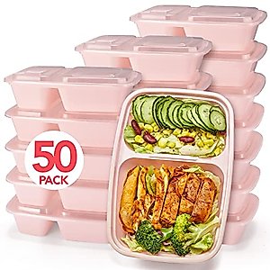 Glotoch 50 Pack Pink Meal Prep Container 2 Compartments, Microwavable To Go Containers, BPA-Free Food Prep Containers- Take Out Food Containers For Salad/Lunch- Freezer&Dishwasher Safe, Stacable