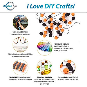 Glaciart One Felt Balls Garland - Easy to Hang Halloween Party Banner Decoration - 100% New Zealand Wool, Hand-Felted in Nepal - 8' Long, 40 Orange & Black Pom Poms