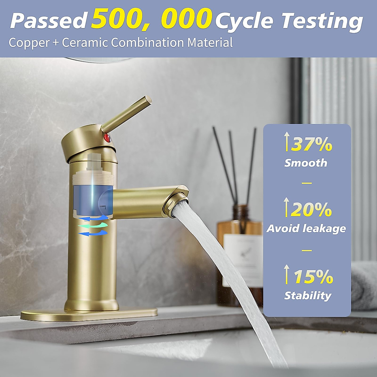 Greenspring Brushed Gold Bathroom Faucet, Bathroom Sink Faucet, Farmhouse Single Handle One Hole Bathroom Faucets with Supply Line with Pop Up Sink Drain Assembly and Water Faucet Supply Lines