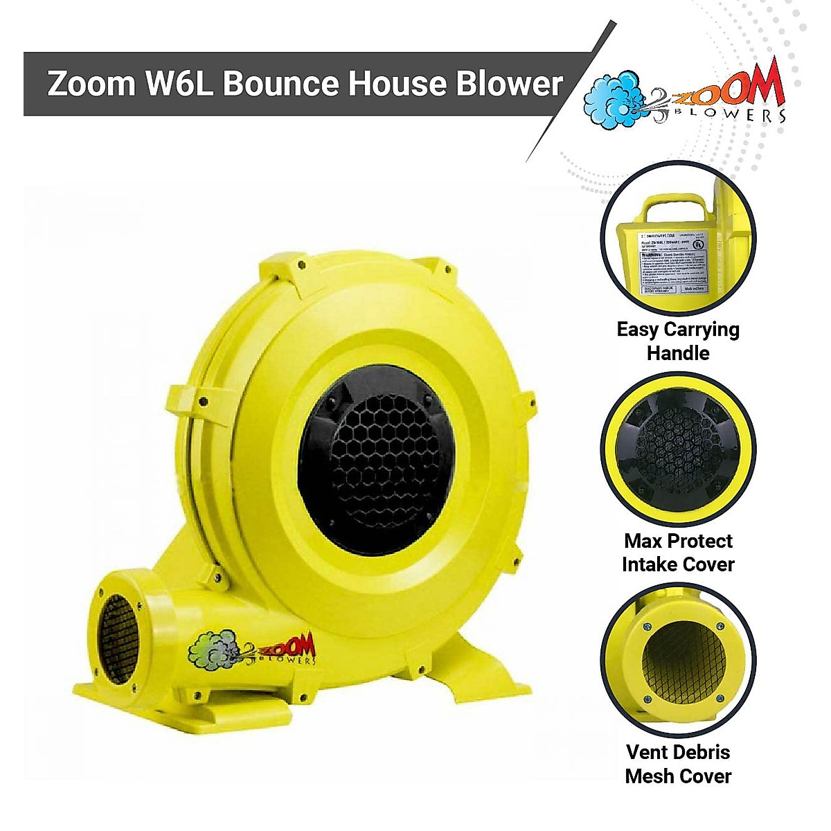 Zoom Blowers Portable Air Pump for Inflatables - Energy Efficient High Power 950-Watt, 1.25 HP Compact Residential Air Blower for Bounce Houses, Slide Combos, Water Slides and Obstacle Course for Kids