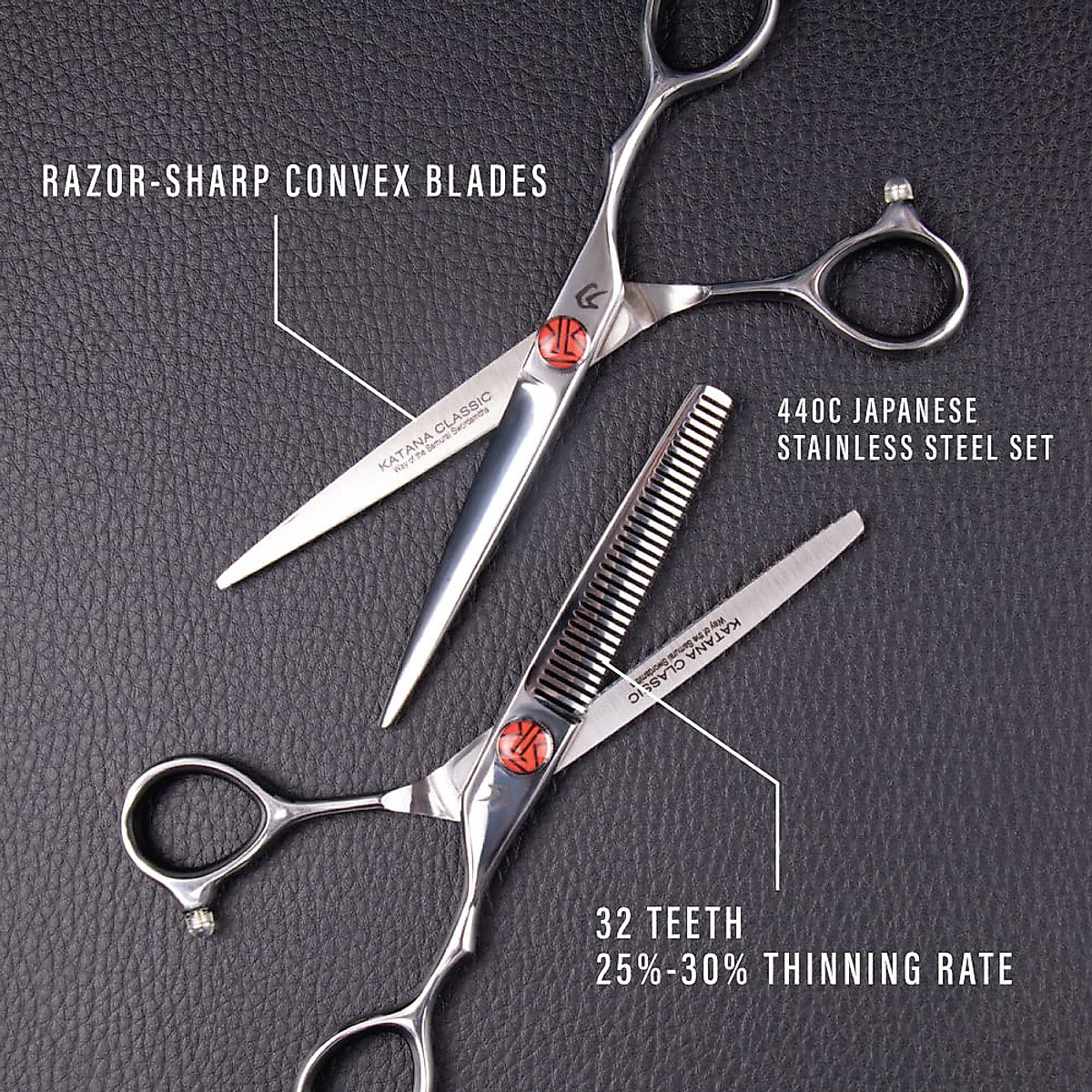 Katana Classic Professional 6.5" Shear Set by Tokko Shears, Premium 440C Japanese Steel Regular and Thinning Scissors for Barbers and Salon Professionals