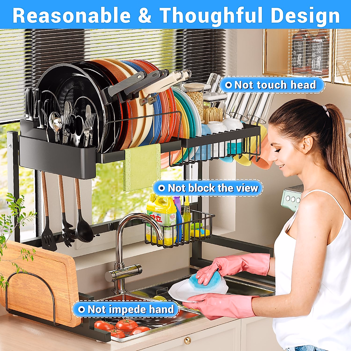 ADBIU 2024 Over The Sink Dish Drying Rack (Adjustable Height/Length) Snap-On Design 2 Tier Large Dish Drainer Kitchen Organization and Storage 24" - 35.6"(L) x 12"(W) x 19" - 22"(H)