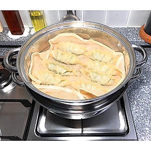 Jovely Dio Bacco 10.6"(27cm) Stainless Steel Steamer Pot Set for Cooking with 14"(35cm) Reusable Natural Pure Round Cotton Steamer Liner, 2 Quart Steamer Insert and Glass Vented Lid - 3 Piece Pack