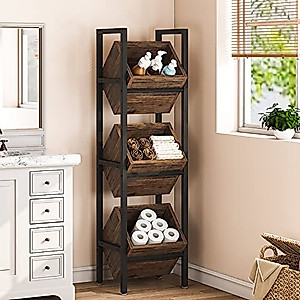 LITTLE TREE 3-Tier Basket Stand, Wooden Floor Stand Shelving Unit, Rustic Standing Organizer Storage Rack for Kitchen, Bathroom, Living Room