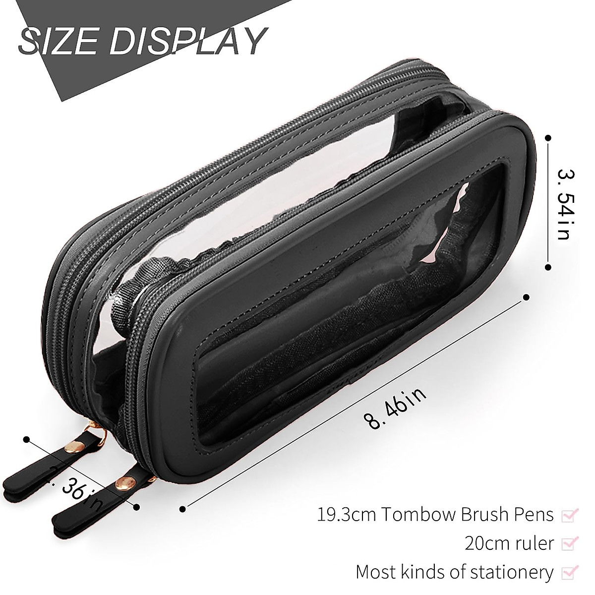 EMUFOOK Clear Pencil Case Aesthetic Large Capacity Pencil Pouch With Zipper Simple Stationary Pencil Bag Transparent Pen Case for School Teen Girl Boy Multi-Purpose Bag for Office Men Women, Black