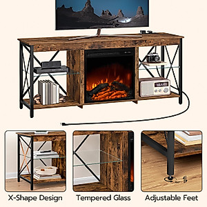 HOOBRO Fireplace TV Stand with Led Lights and Power Outlets, Wooden Media Entertainment Center Console Table with Glass Shelves, Fireplace TV Console for TVs up to 65", Rustic Brown BF140UDDS01