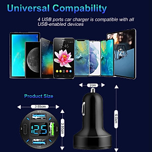 GemCoo 4 Port USB Car Charger Adapter 50W PD & QC3.0 USB 2.4A Cigarette Lighter USB Charger with LED Voltmeter Fast Charger Compatible with iPhone, Android, Samsung, iPad Pro