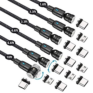 Melonboy 360°&180° Rotation Magnetic Charging Cable[6-Pack, 1.6ft/3.3ft/3.3ft/6.6ft/6.6ft/10ft], Magnetic Phone Charger, 3 in 1 Magnetic Cable Compatible with Micro USB, Type C - Black