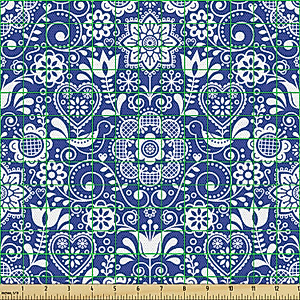 Ambesonne Navy Blue Fabric by The Yard, Ethnic Repeating Flowers Folkloric Traditional Ornamental Motifs, Decorative Fabric for Upholstery and Home Accents, 3 Yards, White and Lavender Blue