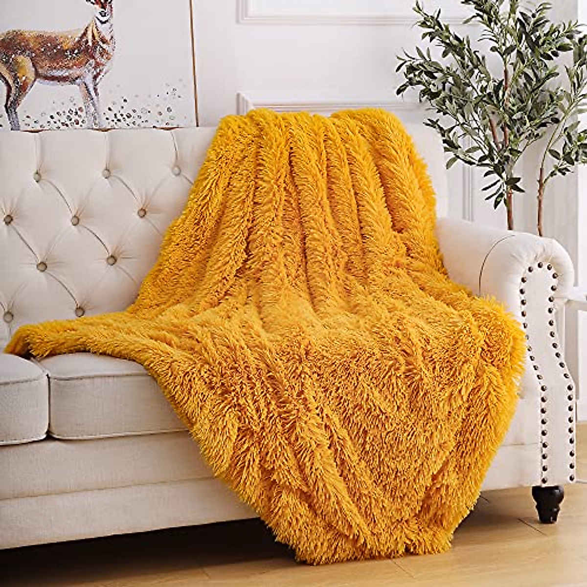 LOCHAS Super Soft Shaggy Faux Fur Throw Blanket, Plush Fuzzy Sherpa Throw Blanket for Couch, Cozy Fluffy Yellow Blankets for Bed Chair Sofa, 50'' x 60''