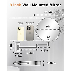 Gospire 9" Large Size Wall Mount Makeup Mirror with 1X/10X Magnification Double-Sided 360° Swivel Vanity Mirror，Chrome Polished Extendable Shaving Bathroom Wall Cosmetic Mirror for Men and Women
