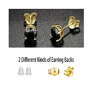 Foruiston 925 Sterling Silver Black Stud Earrings for Women and Men, Solitaire Cubic Zirconia Round & Princess Cut Heart-Shaped, 6mm (Round-Cut, Gold)