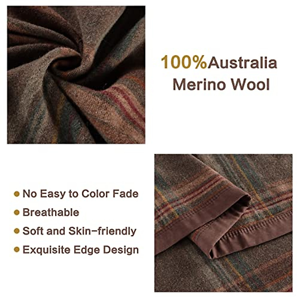 YOUR MOON Pure Wool Blanket Throw Queen Size 100% Australian Natural Wool Bed Blanket, Washable Wool Blanket Throw, Hypoallergenic- Non-Itchy Or Scratchy Fabric (Plaid Brown, 90 * 90)