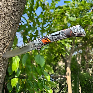 LANFED Pocket knife for Men, 3.5 inch Folding Knife with Back Lock, Engraved Unique Resin Handle, Cool Knives for Fishing, Hunting, Camping Gifts for Men