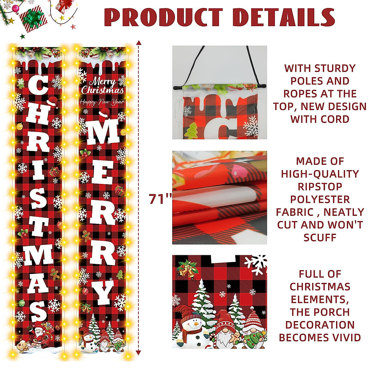 Christmas Porch Signs Banner for Outdoor Christmas Decorations with Lights, Merry Christmas Sign Hanging Door Banners(71"x 12") for Home Wall Front Indoor Yard Merry Christmas Banner