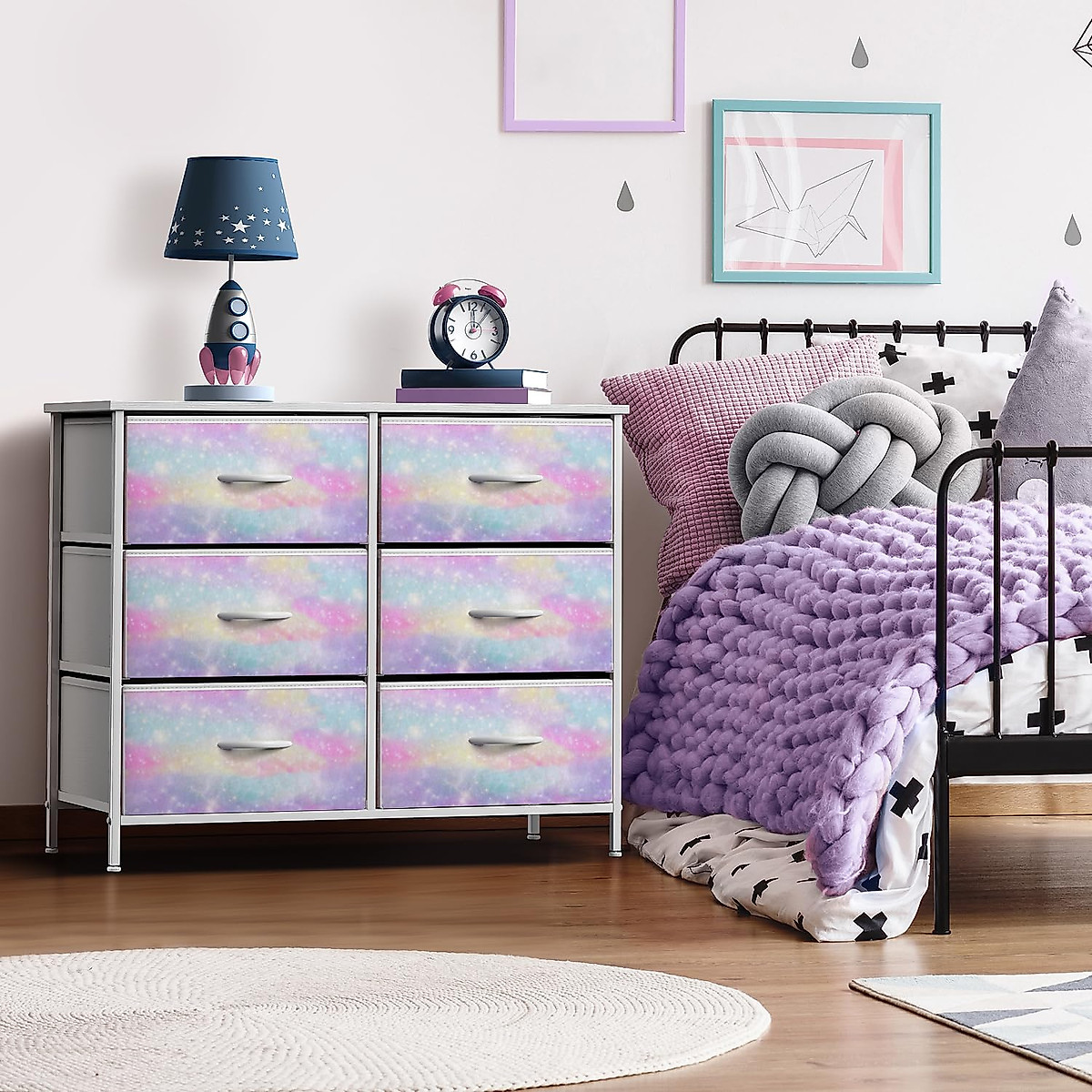 Sorbus Kids Dresser with 6 Drawers - Storage Chest Organizer Nightstand - Steel Frame, Wood Top, Tie-Dye Fabric Bins for Clothes - Wide Furniture for Bedroom, Hallway, Nursery, Closet, & Apartment