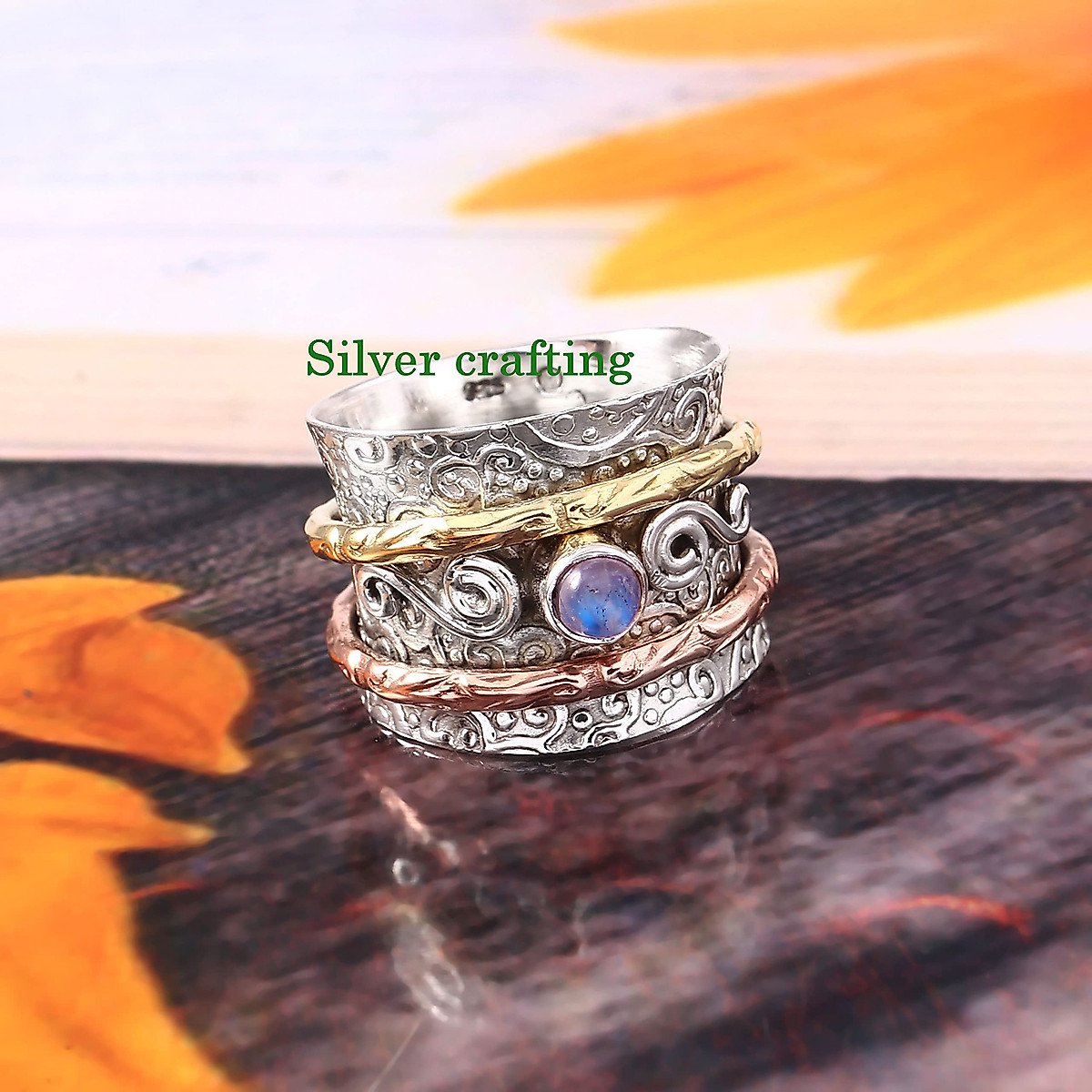 Infinity Design 925 Sterling Silver Spin Spinner Ring Rainbow Moonstone Gemstone Ring Meditation Jewelry (6)