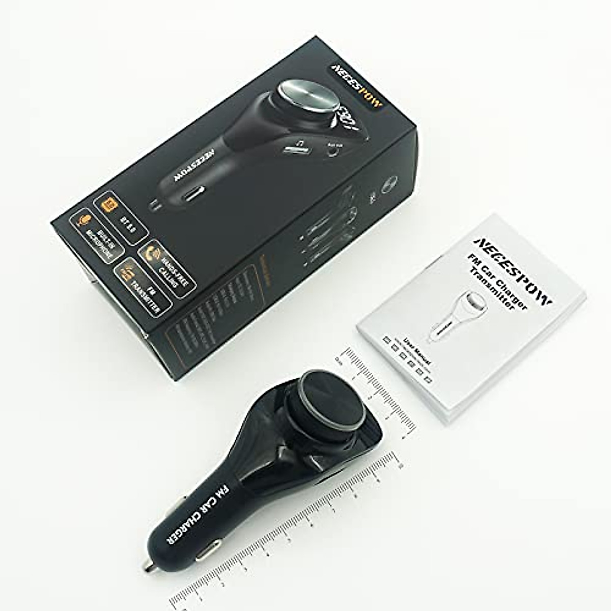 FM Transmitter Car Bluetooth 5.0,NECESPOW QC3.0 USB Charger w/AUX Cable, Hands-Free Car Radio Adapter Supports AUX & U Disk, Wireless Call for iOS and Android Devices