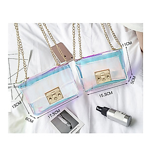 Holographic Clear Purse Crossover Shoulder Messenger Bag Laser Sling Purse with Golden Chain, Transparent