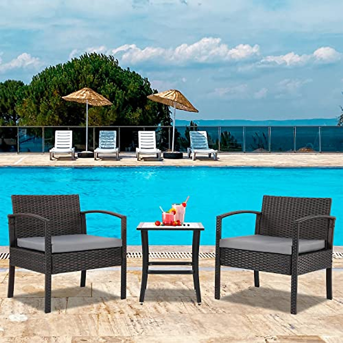 Whubefy 3 Pieces Patio Furniture Set, Rattan Wicker Bistro Set Table and 2 Chair with Washable Cushion for Garden Poolside Balcony