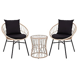 Flash Furniture TW-VN017-18-TAN-BK-GG Devon 3-Piece Indoor/Outdoor Bistro Set, Papasan Style Rattan Rope Chairs, Glass Top Side Table & Cushions, Tan/Black