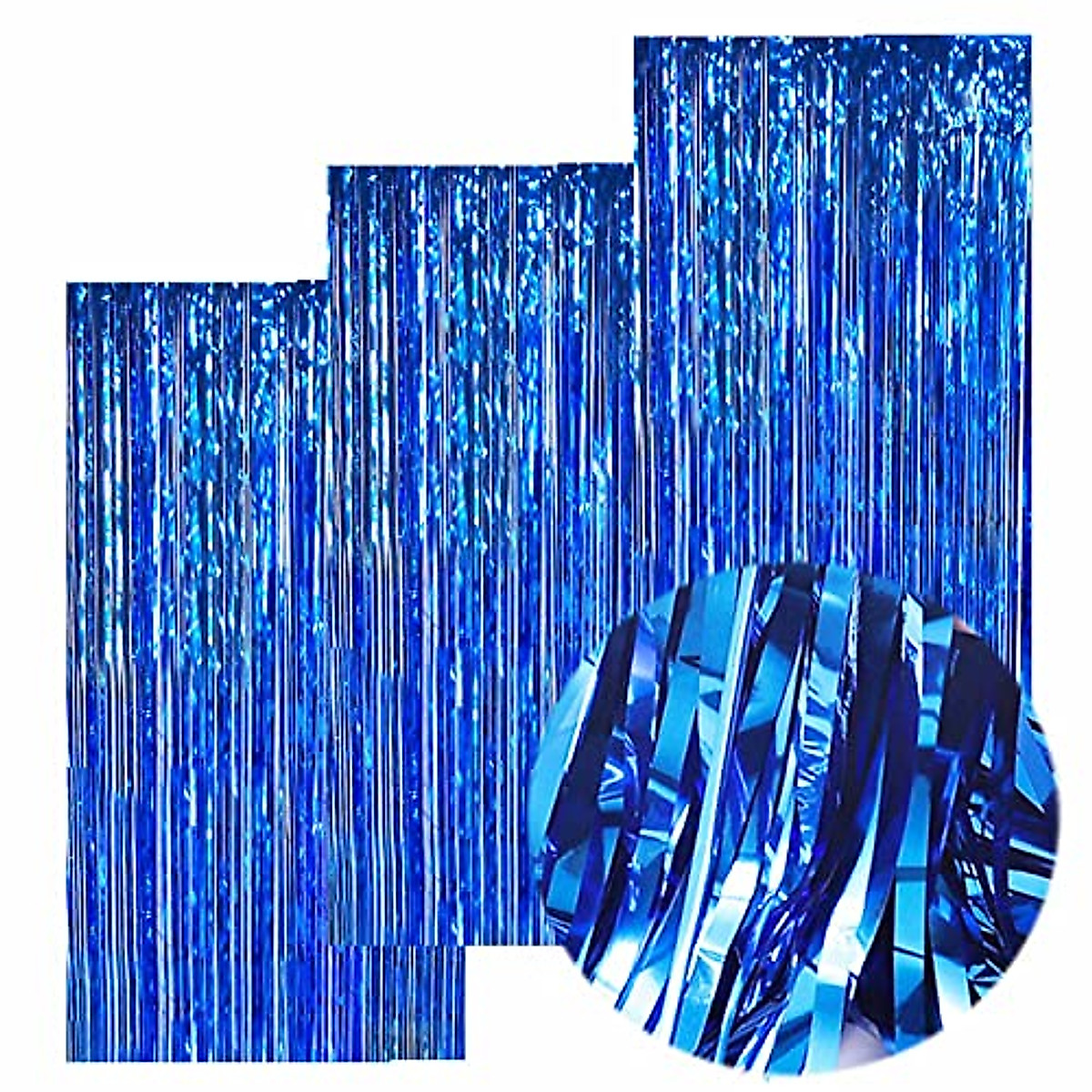 EUFARS Blue Foil Fringe Curtains, Blue Streamers Backdrop, 3Packs 3.2ft x 8.2ft Blue Metallic Tinsel Curtains for Birthday Party Photo Booth Props Backdrop Decorations
