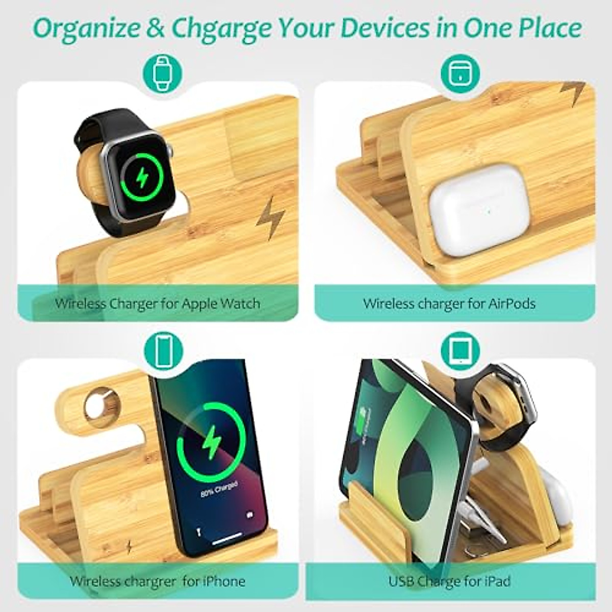 4 in 1 Bamboo Nightstand Wireless Charging Station,Can be Used as a Cell Phone Holder Wooden Desktop Organizer for AirPods, iWatch, Cell Phones, Tablets, Gifts (with Adapter)