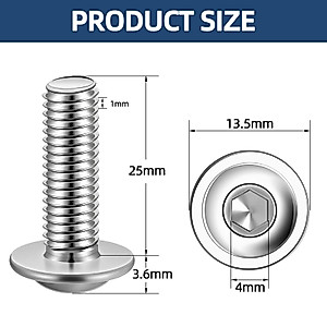M6-1.0 x 25mm Flanged Button Head Socket Cap Screws, Stainless Steel 18-8 (304), Bright Finish, Full Thread, Allen Socket Drive, 25 PCS
