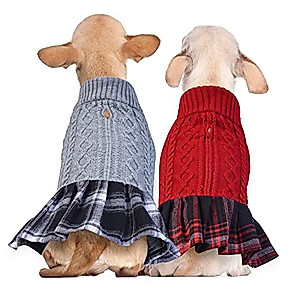 Dog Sweaters Plaid Dress, Puppy Warm Knitwear Dress for Dogs Cats, Cold Weather Doggie Kitten Apparel, Turtleneck Pet Dresses Outfits with Leash Hole for Yorkie Shih Tzu Teddy Bichon Frise Chihuahua