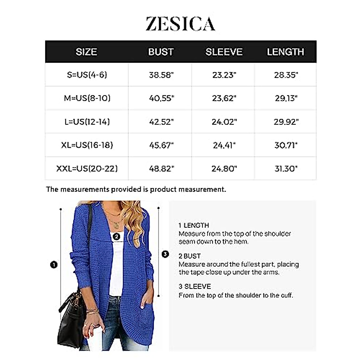 ZESICA Women's 2023 Long Sleeve Open Front Casual Lightweight Soft Knit Cardigan Sweater Outerwear,Blue,Medium