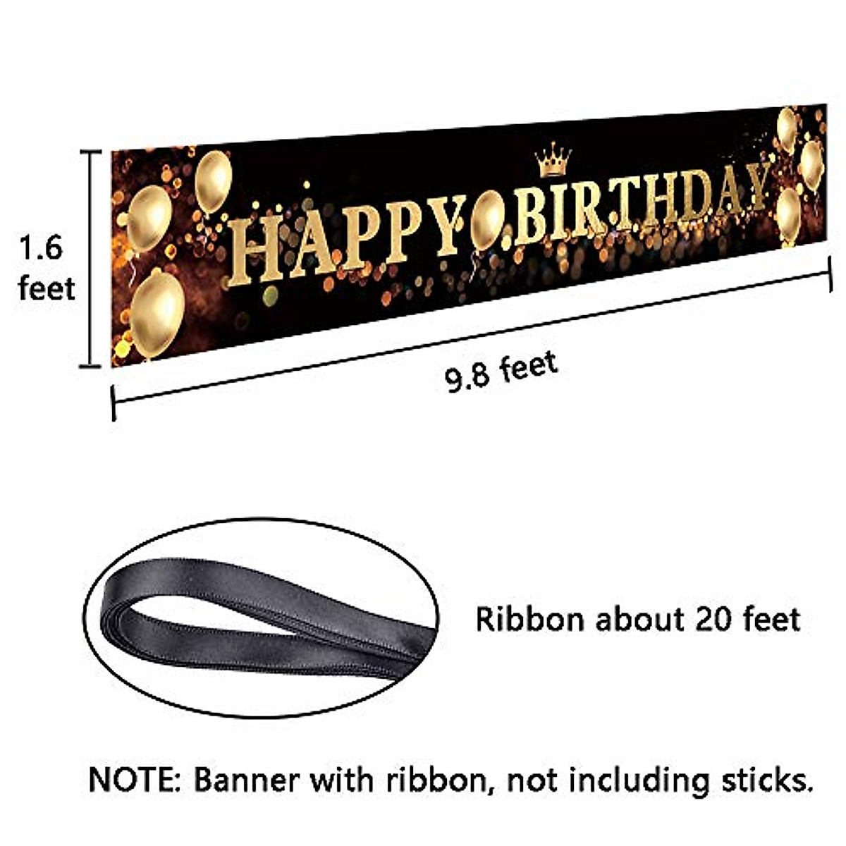 Ushinemi Happy Birthday Banner Party Signs for Birthday Backdrop, Large, Black and Gold
