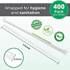 Fit Meal Prep 400 Pack Biodegradable Straws 7.75", Individually Wrapped Compostable Straw, Disposable Clear PLA Straw, 100% Plant Based Straws for Drinks, Iced Coffee, Milkshake, Smoothie, Juice