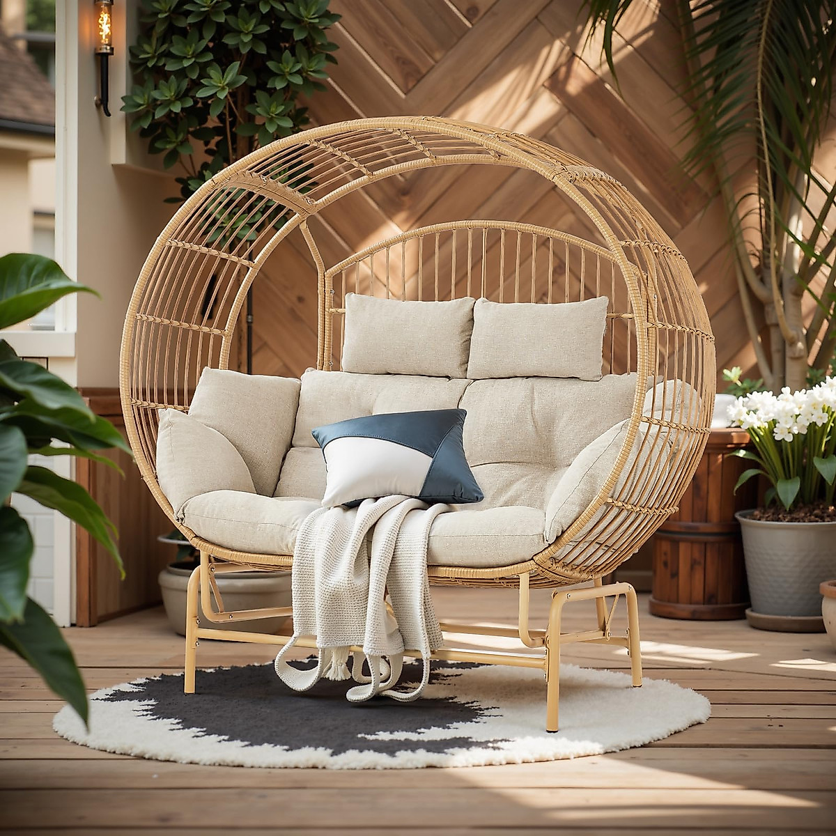 LUMIINOFAMI Outdoor Glider Egg Chair, Oversized 2 Person Egg Rocking Chair with Thick Cushions, Wicker Egg Chair Rattan Porch Furniture Loveseat Lounge Chair for Bedroom Sunroom Backyard(Yellow)