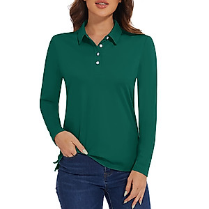 MAGCOMSEN Women's Swim Shirt Long Sleeve Polo Tees Shirts UPF 50+ UV Protection Athletic Shirts V-Neck Golf Polo Emerald Green,M