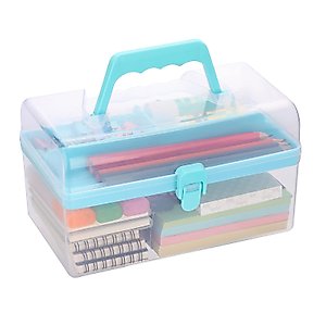 BTSKY Multipurpose Plastic Craft Storage Containers with Removable Tray, Clear Plastic Storage Box with Lid & Handle, Easy Carry & Stack Small Storage Container, 8.5x5x4.9 Inch, Rectangle-Blue