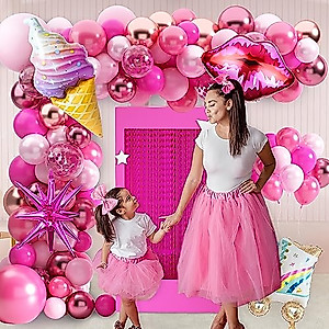 Pink Balloon Garland Arch Kit Hot Pink Rose Gold Metallic Balloons Silver Disco Roller Skate Radio Ice Cream Balloon for Girl's Birthday Party Decorations Pink Princess Doll Theme Party Supplies