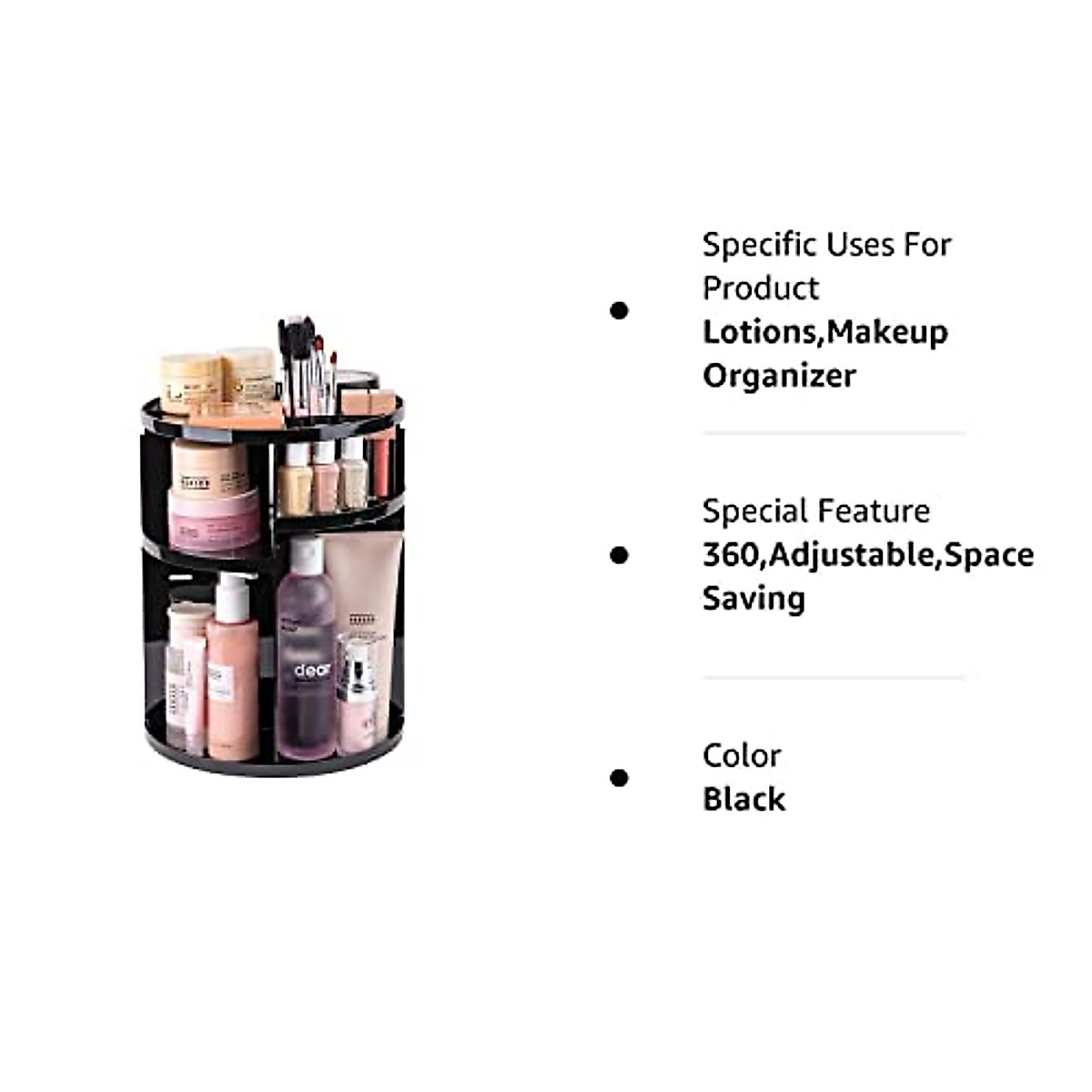 360 Rotating Makeup Organizer - Adjustable Shelf Height and Fully Rotatable. The Perfect Cosmetic Organizer for Bedroom Dresser or Vanity Countertop. (Black)