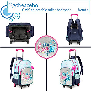 Egchescebo Kids Rolling Backpack for Girls Suitcases Trolley Backpacks with Wheels Roller Luggage Backpack on Wheels with Lunch Box Pencil Case for Elementary Girls Travel School Bag Aged 6-15 Blue