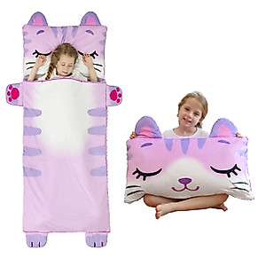 Rabtero Children Sleeping Bag, Toddlers Kids Nap Mat, Cartoon Cat Sleeping Mat for Daycare Preschool Kindergarten, Girls Boys Slumber Bag, Pillow, Blanket 3 in 1