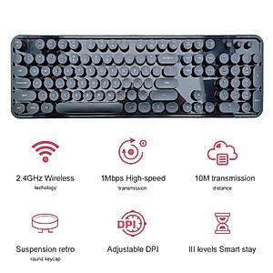 STIVIC Wireless Keyboard and Mouse Combo, Retro typewriter Style Keyboard with Round Keycaps, 2.4GHz Dropout-Free Connection Mouse with 3 Adjustable DPI for Windows Notebook PC (Black1)