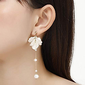 KRUCKEL White Pressed Flower Dangle Earrings | Golden Studs with Pearl like Drops | Hypoallergenic, Lightweight Jewelry for Women | Sparkle at Birthday, Anniversary, Graduation, Wedding