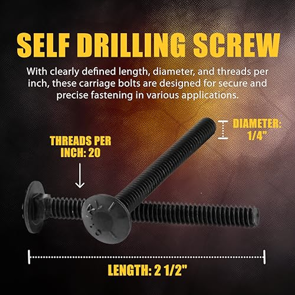 ASMC Industrial 1/4-20 x 2-1/2" Coarse Thread Grade 5 Carriage Bolt - Medium Carbon Steel for Heavy-Duty Fastening - Corrosion-Resistant Black Oxide Finish, Pack of 50