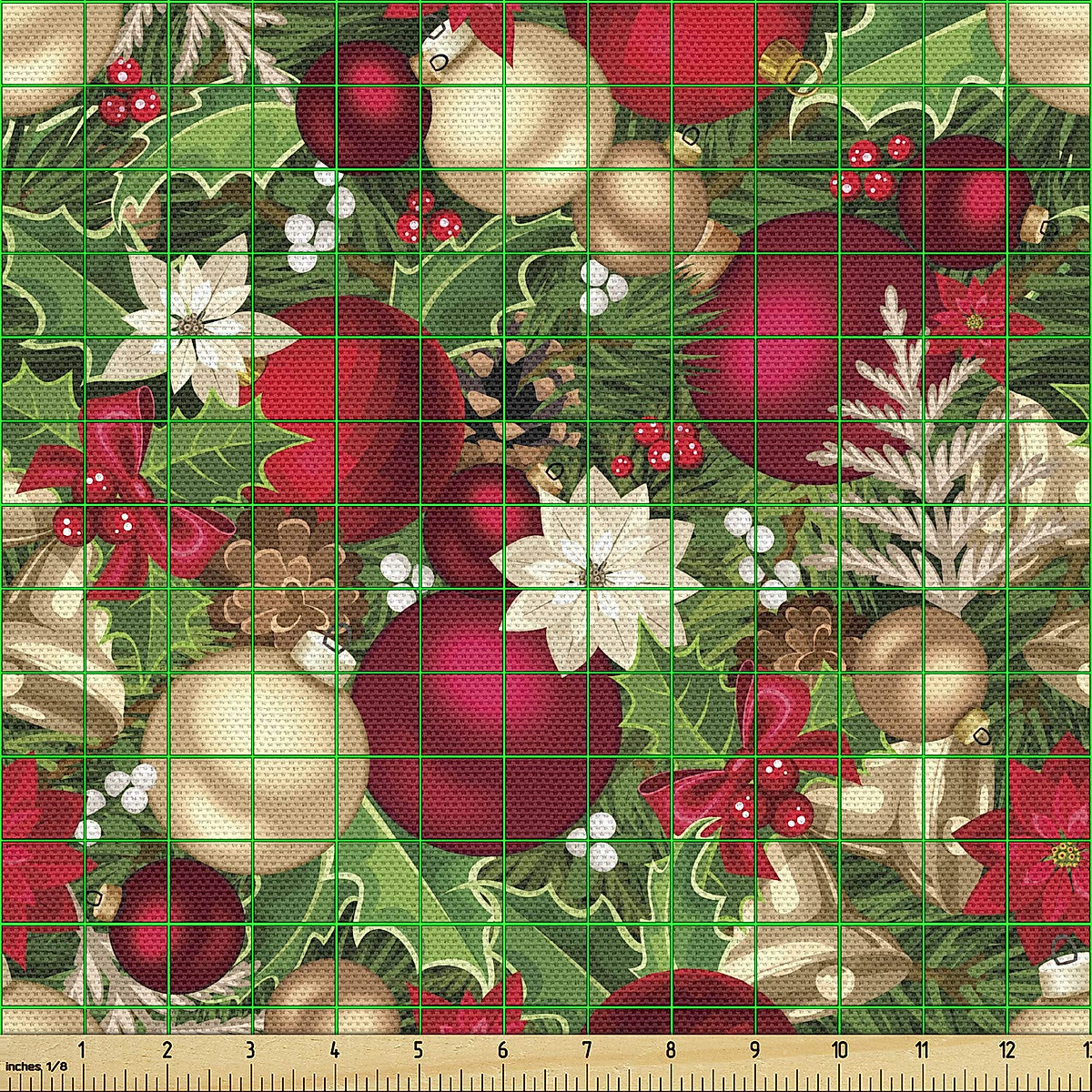 Ambesonne Christmas Fabric by The Yard, Tree Branches Spruce Leaves Balls Bells Cones Poinsettia Flowers Mistletoe Berry, Decorative Fabric for Upholstery and Home Accents, 1 Yard, Ruby Green